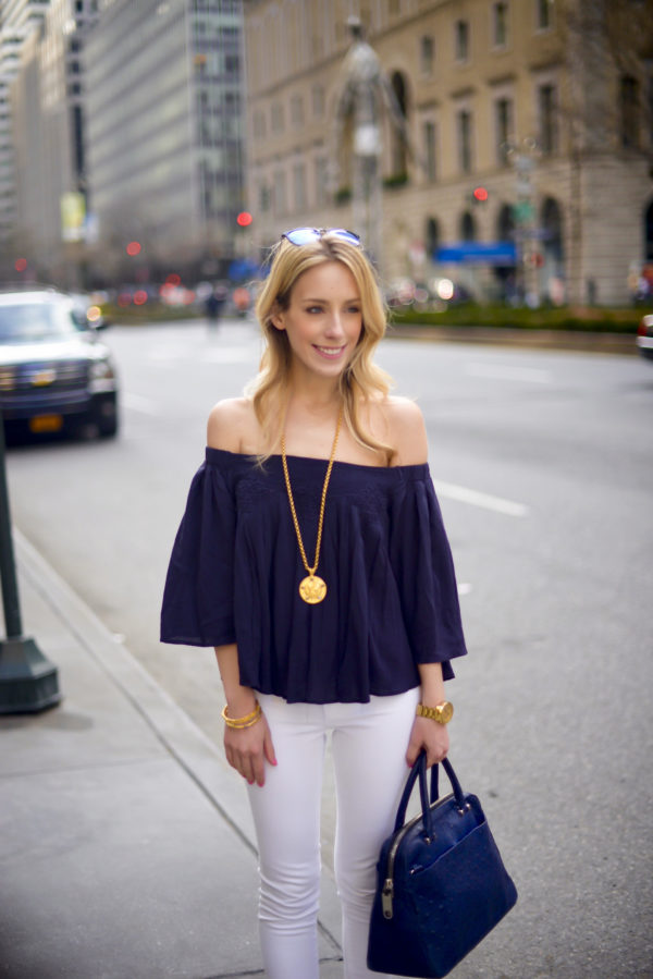 Navy Off Shoulder Top // White Jeans - Katie's Bliss