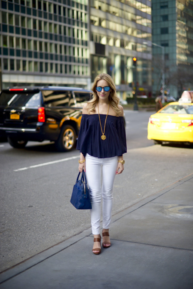 Navy Off Shoulder Top // White Jeans - Katie's Bliss